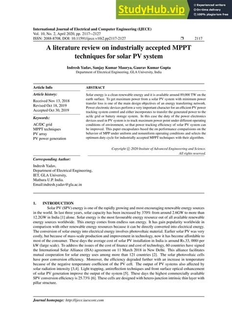 A Literature Review On Industrially Accepted Mppt Techniques For Solar