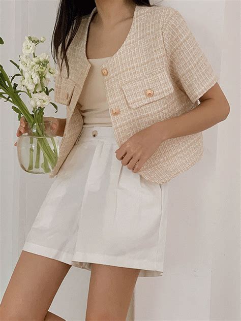 여름신상🌴하객룩 로멘 노카라 반팔 트위드자켓