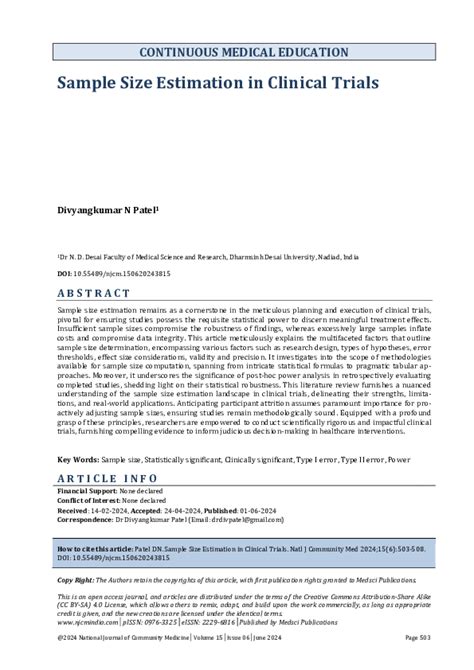 Pdf Sample Size Estimation In Clinical Trials