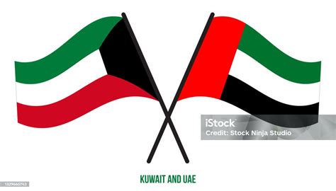 쿠웨이트와 Uae 국기는 교차하고 플랫 스타일을 흔들어 공식 비율 올바른 색상입니다 아랍에미리트 국기에 대한 스톡 벡터 아트 및