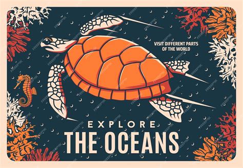 Premium Vector Sea Turtle Retro Poster Oceanarium Sea Coral Reef