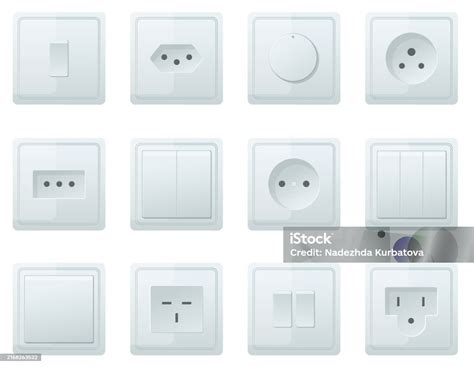 소켓 및 스위치 다양한 유형의 전기 커넥터 최신 표준 전원 공급 장치 3d 장비 버튼을 토글합니다 내부 플라스틱 요소 전기 회로 포트 모양 벡터 세트 3차원 형태에 대한