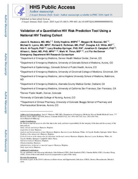 Pdf Validation Of A Quantitative Hiv Risk Prediction Tool Using A National Hiv Testing Cohort