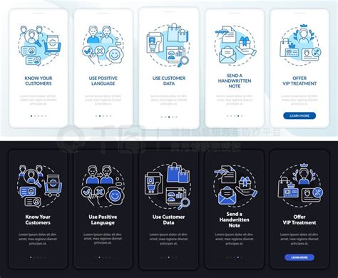 Ui电商海报banner 客户协助夜间和白天模式登录移动应用程序屏幕。演练 5 个步骤的图形说明页面，包含线性概念。 Ui、ux、gui 模板。使用 Myriad Pro Bold