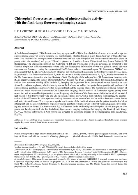 Pdf Chlorophyll Fluorescence Imaging Of Photosynthetic Activity With