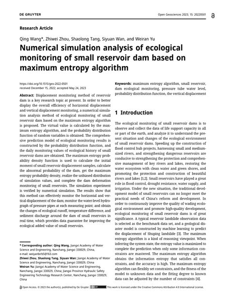 Pdf Numerical Simulation Analysis Of Ecological Monitoring Of Small Reservoir Dam Based On