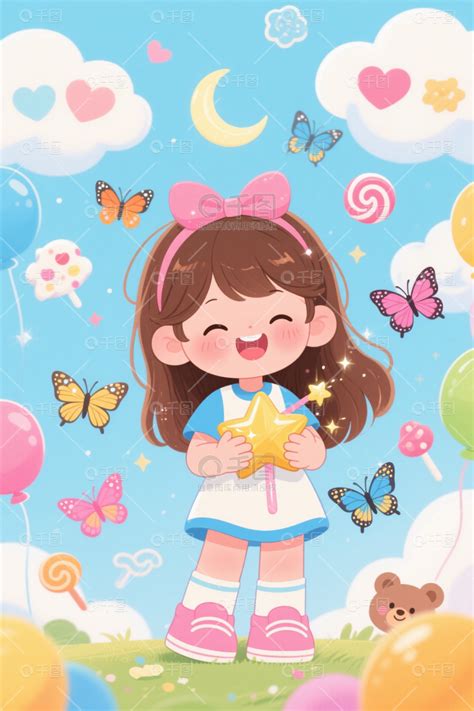 卡通女孩插画 持魔法星星棒的卡通女孩梦幻图 免费下载 插画图片2799像素 千图网