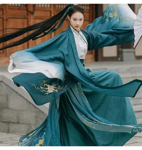한푸 중국 스타일 코스프레 의상 그라데이션 녹색 드레스 자수 무대 댄스 커플 재킷 티몬