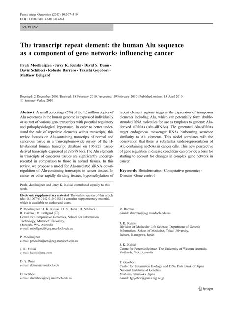 Pdf The Transcript Repeat Element The Human Alu Sequence As A