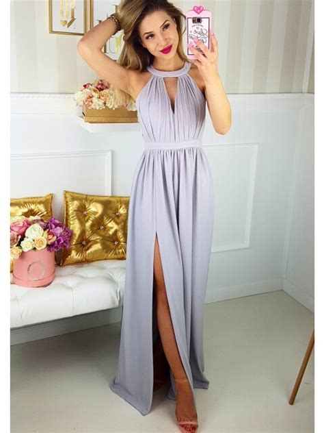 새로운 디자인 홀터 넥 스트레치 패브릭 댄스 파티 드레스 바닥 길이 사이드 스플릿 A 라인 파티 드레스프롬 드레스 Aliexpress