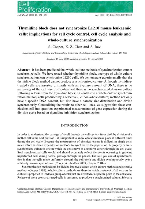 Pdf Thymidine Block Does Not Synchronize L1210 Mouse Leukaemic Cells