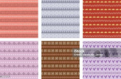 원활한 벡터 패턴의 집합입니다 손으로 그린 도형 삼각형 원 점 선 간단한 그래픽 디자인으로 다채로운 기하학적 끝 없는 배경 반복 장식적인 장식입니다 공예 제품에 대한 스톡