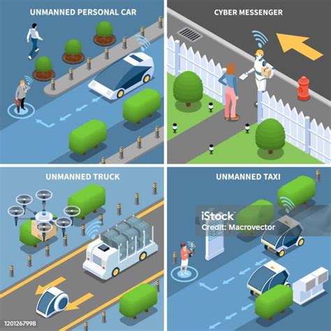 자율 주행 자동차 무인 차량 로봇 운송 아이소메트릭 2x2 등측투영법에 대한 스톡 벡터 아트 및 기타 이미지 등측투영법 차 트럭 Istock