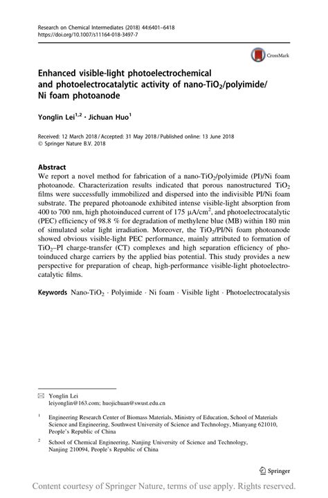 Enhanced Visible Light Photoelectrochemical And Photoelectrocatalytic Activity Of Nano Tio2