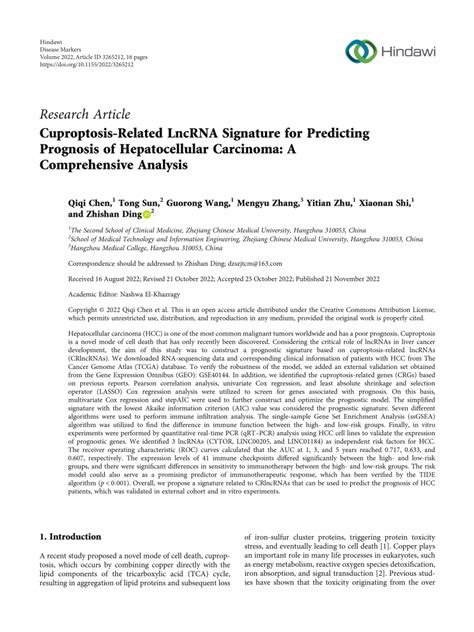 Pdf Cuproptosis Related Lncrna Signature For Predicting Prognosis Of Hepatocellular Carcinoma