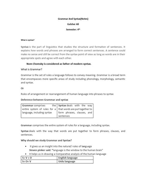 Grammar And Syntaxnotes 1 Pdf Phrase Syntax