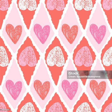 하트 크레용은 마름모 낙서 프레임에 완벽 한 패턴을 그렸습니다 발렌타인 데이 반복 배경입니다 사랑의 상징 끝없는 배경 표면의 패턴 디자인은 로맨틱한 데이트 모티프 벡터