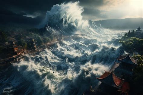 Premium Photo Tsunami Impact Massive Waves Crashing Onto A Shoreline Causing Widespread