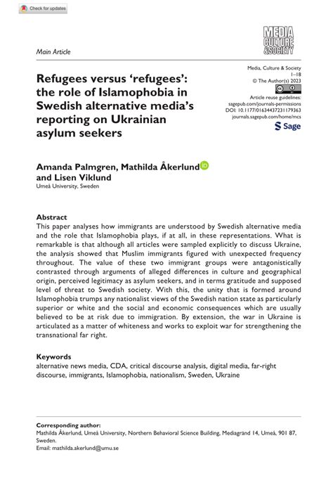 Pdf Refugees Versus ‘refugees The Role Of Islamophobia In Swedish