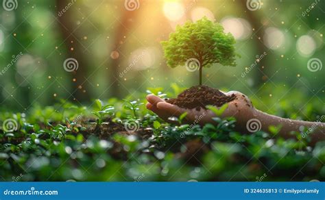 A Hand Holding A Small Tree Sapling In A Forest Stock Image Image Of