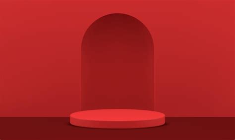 빨간색 3d 피데스탈 아치웨이 구 벽 실린더 플랫폼 스탠드 미니멀리즘 스튜디오 배경 터 프리미엄 벡터