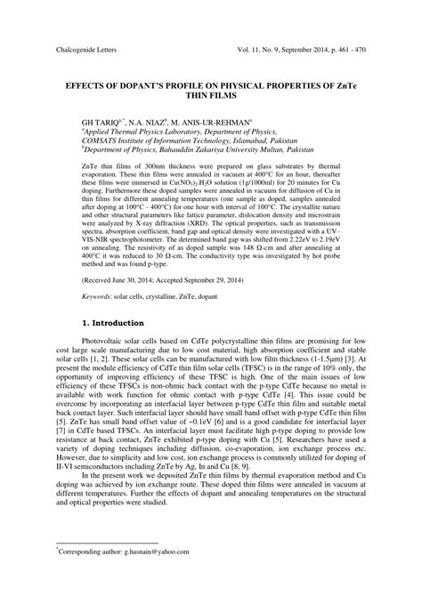 Pdf Effects Of Dopants Profile On Physical Properties Of Znte Thin Films