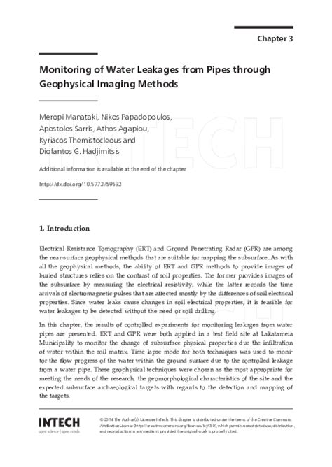 Pdf Monitoring Of Water Leakages From Pipes Through Geophysical Imaging Methods