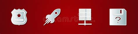 Set Police Badge Rocket Ship With Fire Server Data Web Hosting And Unknown Document Icon