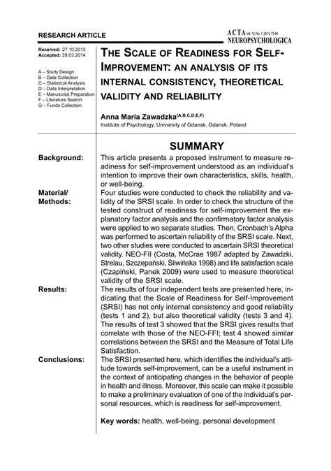 Pdf The Scale Of Readiness For Self Improvement An Analysis Of Its Internal Consistency
