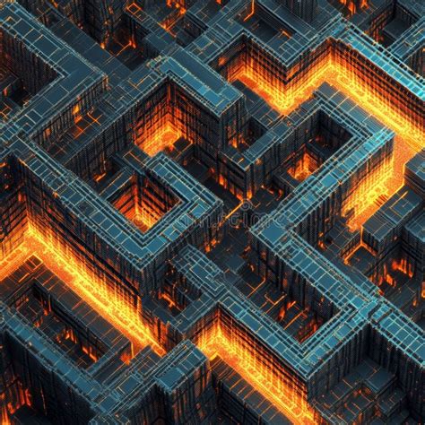 Intricate Futuristic Maze With Glowing Orange Lines And Dark Structures In 3d Visualization