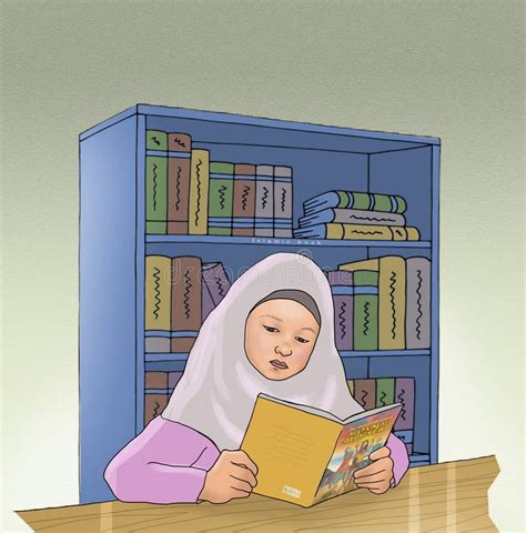 Hijab Girl Reading Book At Library Illustration Stock Illustration