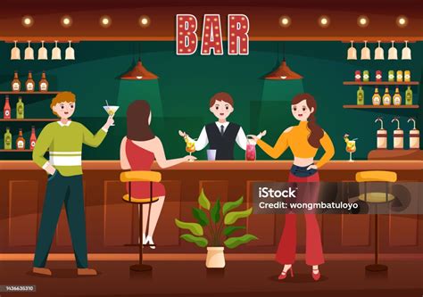 친구와 함께하는 칵테일 바 또는 나이트 클럽 알콜 과일 주스 음료 또는 평평한 손으로 그린 만화 템플릿 일러스트레이션에 칵테일 건강관리와 의술에 대한 스톡 벡터 아트 및