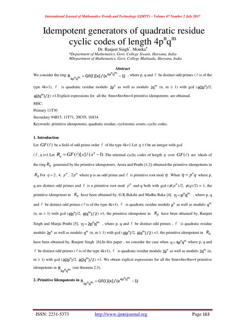 PDF Idempotent Generators Of Quadratic Residue Cyclic Codes Of Length P N Q M