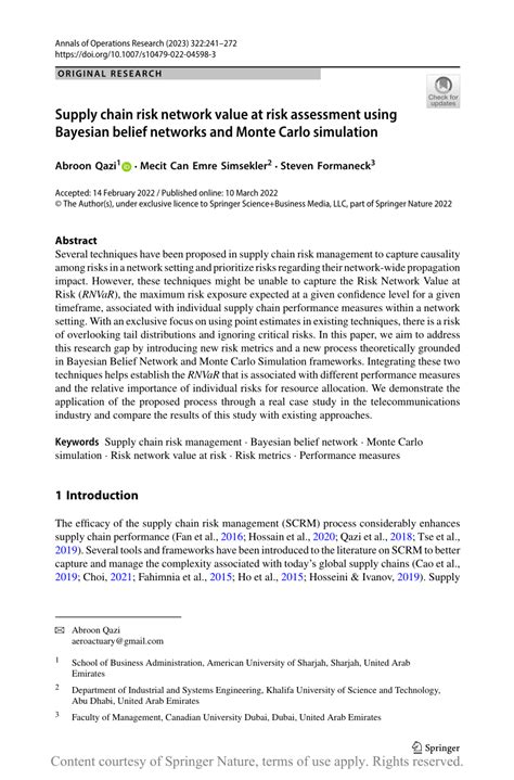 Supply Chain Risk Network Value At Risk Assessment Using Bayesian Belief Networks And Monte