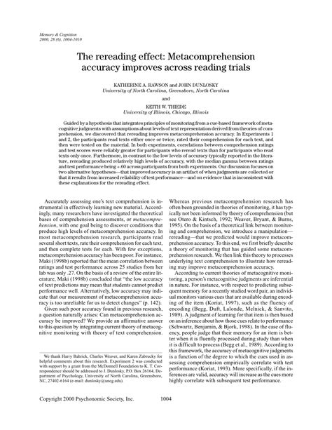 Pdf The Rereading Effect Metacomprehension Accuracy Improves Across Reading Trials
