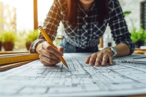 Premium Photo Female Architect Focused On Drafting Architectural Plans With Pencil And Ruler