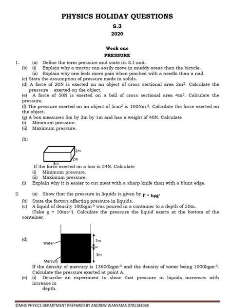 S3 Physics Questions Pdf Buoyancy Acceleration