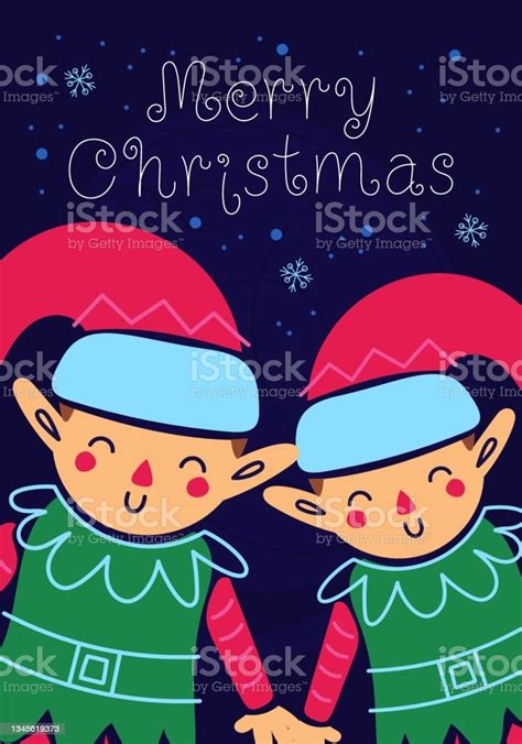 밤 축제 눈 덮인 배경에 행복한 엘프의 부부 카드 포스터 전단지의 메리 크리스마스 템플릿 새해 복 많은 귀여운 만화 일러스트