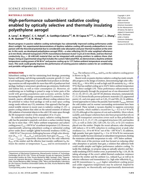Pdf High Performance Subambient Radiative Cooling Enabled By