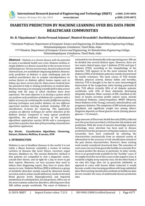 Irjet Diabetes Prediction By Machine Learning Over Big Data From Healthcare Communities Pdf