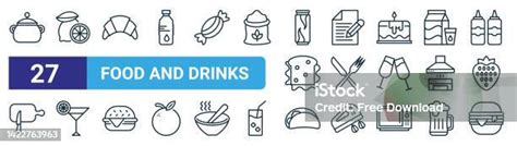 요리 냄비 레몬 크로와상 쓰기 칼 붙이 칵테일 타코 웹 디자인 모바일 앱을위한 햄버거 벡터 얇은 선 아이콘과 같은 27 개의 개요 웹 음식 및 음료 아이콘 세트 0명에 대한