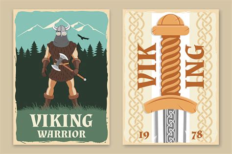 바이킹 전사 복고풍 포스터 세트입니다 벡터 일러스트 레이 션입니다 전단지 브로셔 전투 이중 도끼와 검과 헬멧에 바이킹이 있는 배너 템플릿 디자인 야만인에 대한 스톡 벡터
