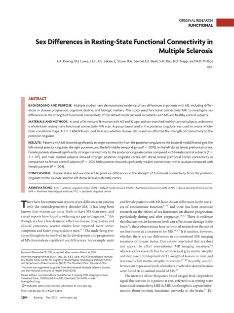 Pdf Sex Differences In Resting State Functional Connectivity In Multiple Sclerosis