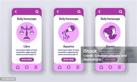 모바일 앱 온보딩 화면에 매일 별자리 예측과 인간의 성격 요소 공기 보라색 배경 및 모바일 키트 개발에 웹 사이트에 대한 배너 Ui Ux Gui 템플릿입니다 0명에 대한