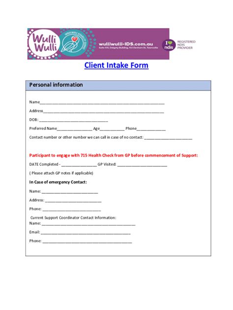 Fillable Online Client Intake Form For Wulli Wulli Indigenous
