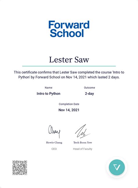 Certificate For Intro To Python Awarded To Lester Saw VerifyEd