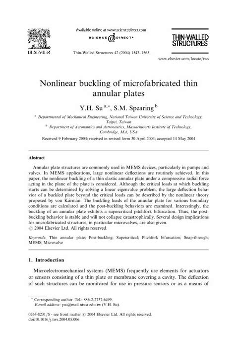 Pdf Nonlinear Buckling Of Microfabricated Thin Annular Plates