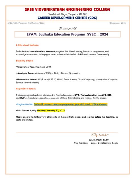 Epam Sadhaka Education Program Svec 2024 Notification Pdf