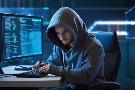 Premium Photo Hacker Programmer Who Sits In A Hoodie Behind A Computer With Many Screens In
