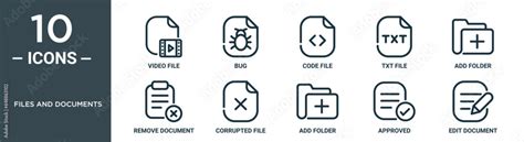 files and documents outline icon set includes thin line video file bug